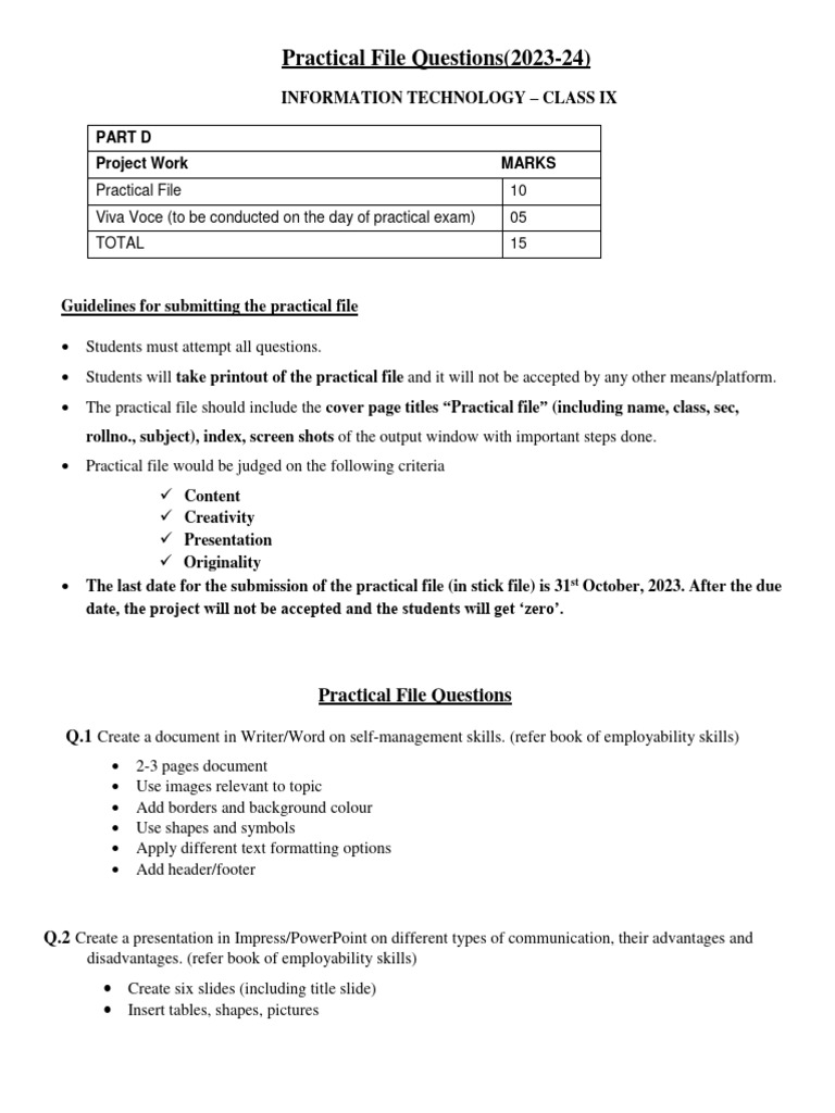 It Practical File Questions Class Ix 2023-24 | PDF It Practical File Questions Class Ix 2023-24 | PDF