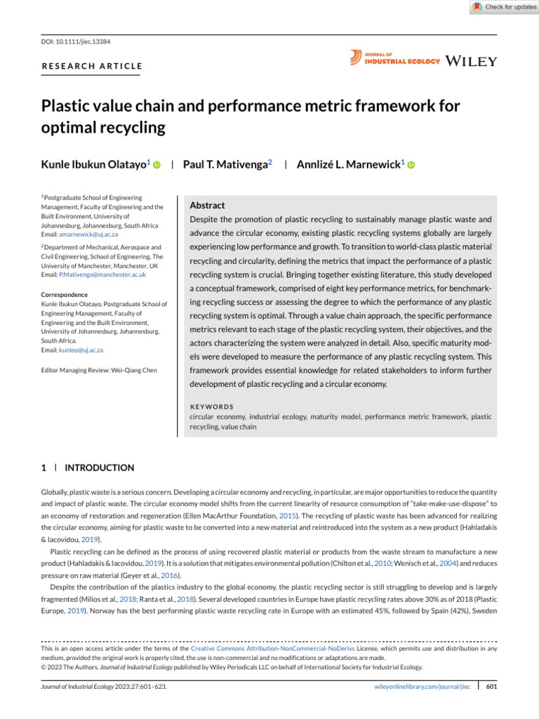 J of Industrial Ecology - 2023 - Olatayo - Plastic Value Chain and ...
