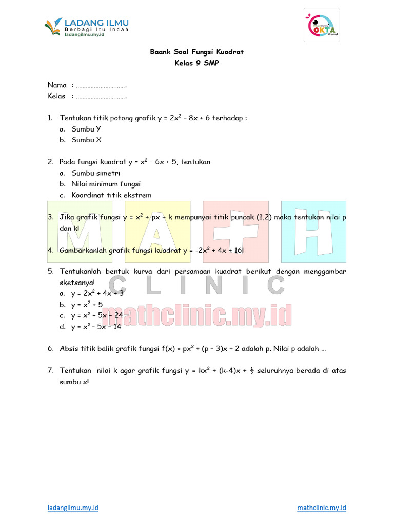 Soal Latihan Fungsi Kuadrat Kelas 9 - Mathclininc - My.id (SafefilekU) | PDF