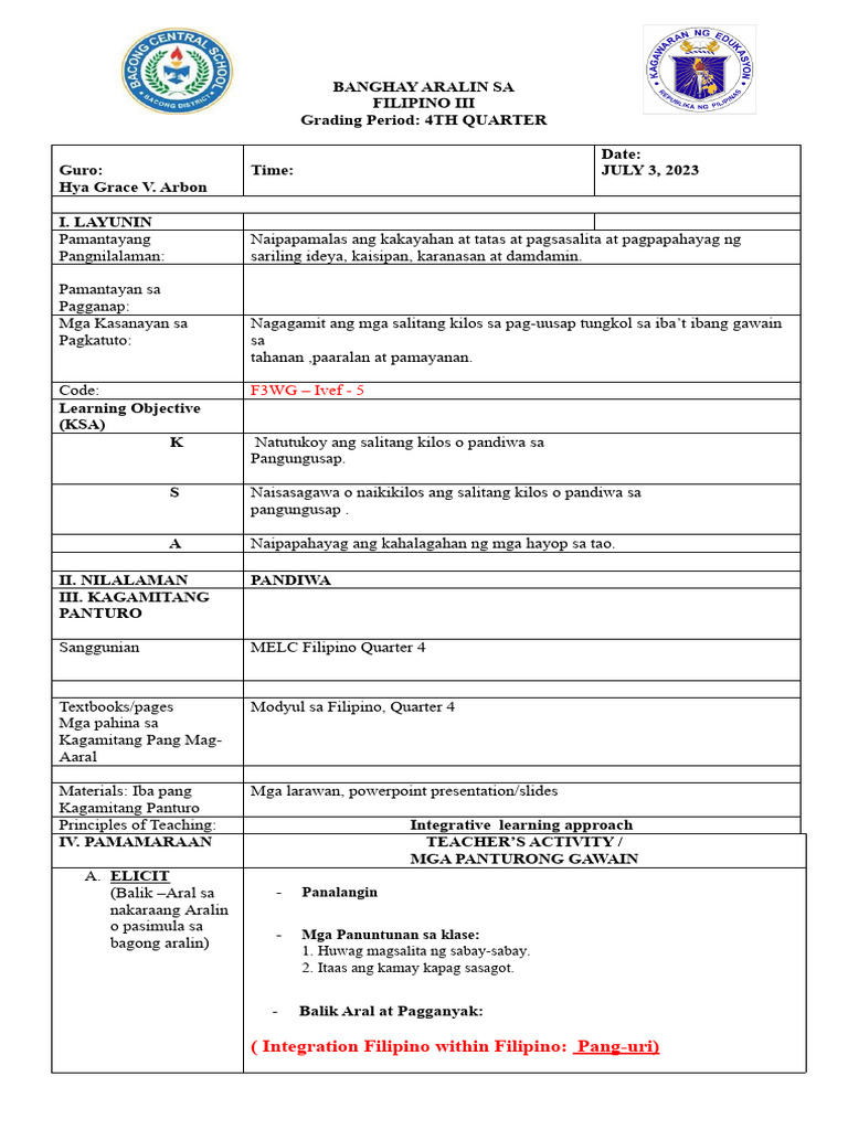 Cot Pandiwa Grade 3 4th Quarter I Filipino 2022 | PDF