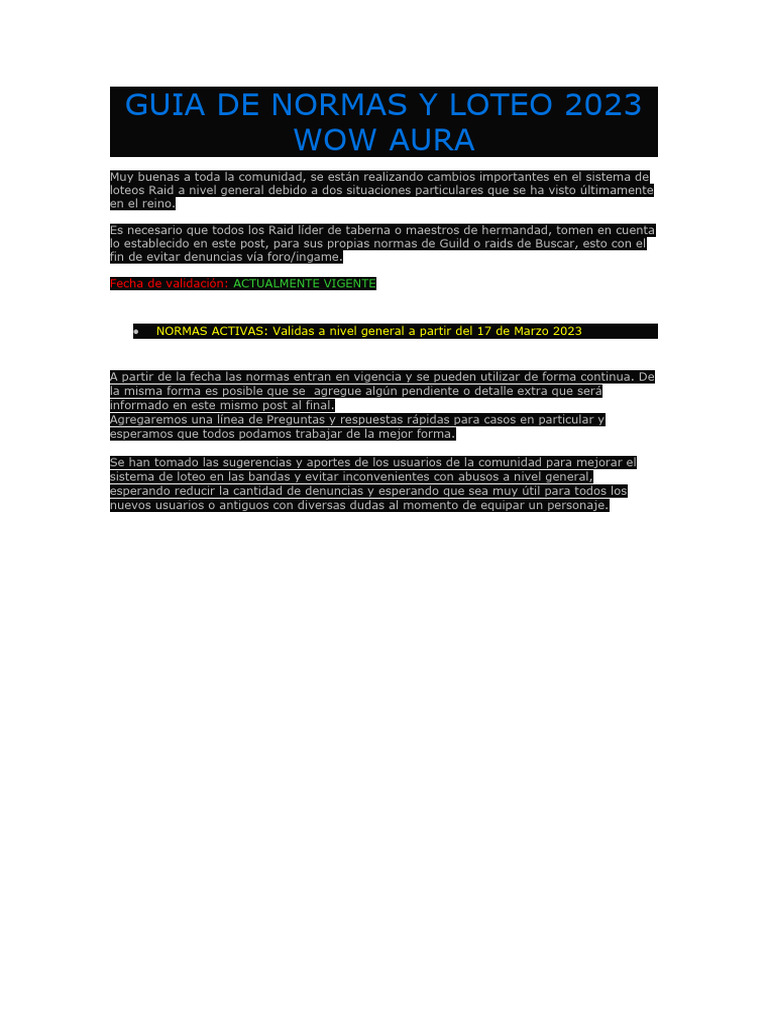 Guia de Normas y Loteo 2023 Wow Aura | PDF