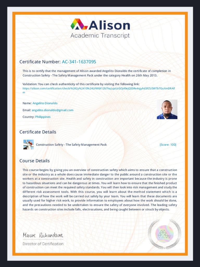 Alison Certificate Transcript Construction Safety The Safety Management ...