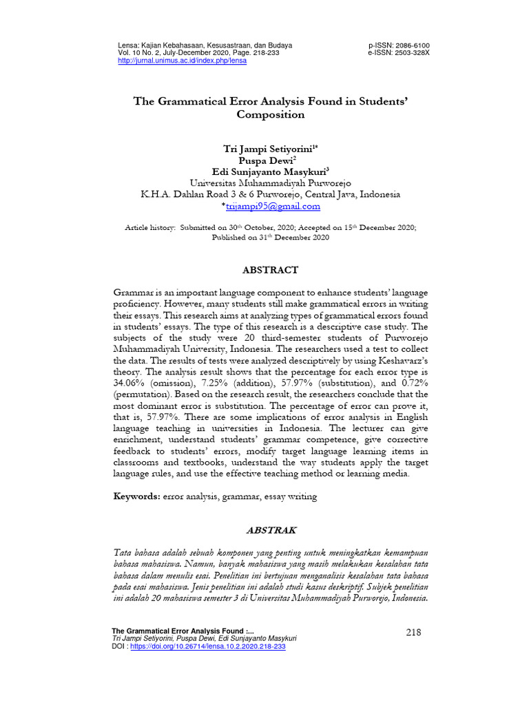 The Grammatical Error Analysis Found in Students' | PDF