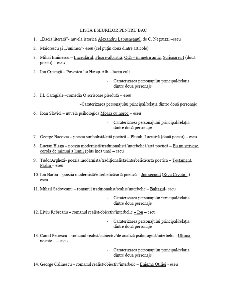 Lista Eseurilor Pentru Bac | PDF