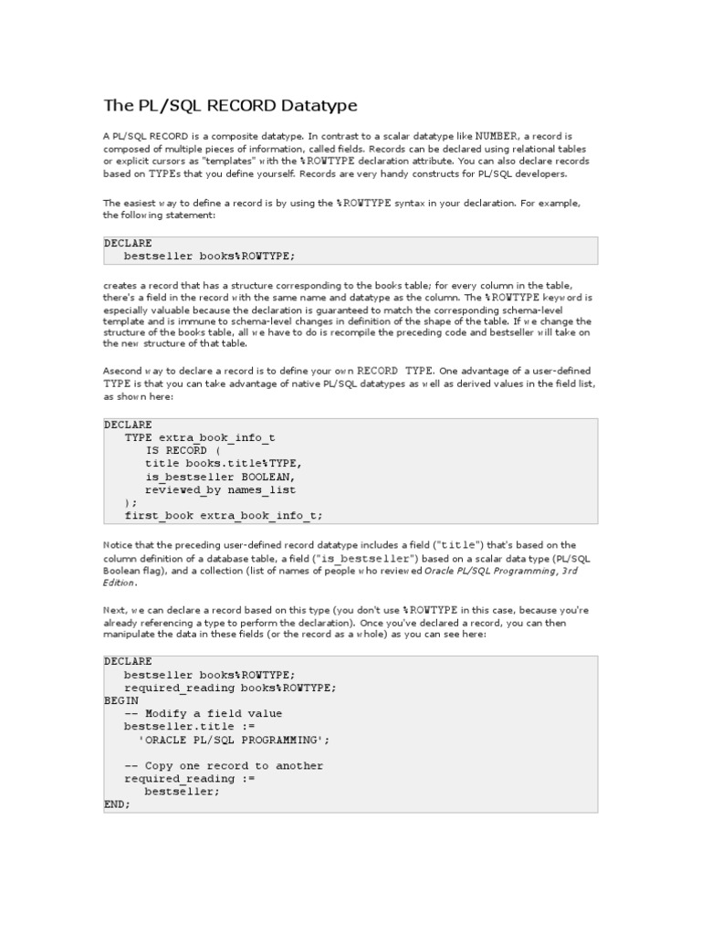 PL - SQL Record Datatype | PDF | Pl/Sql | Parameter (Computer Programming)