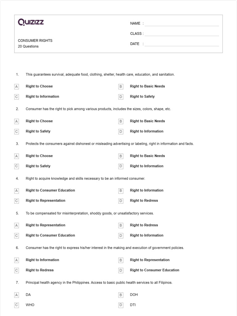Consumer Rights Quiz for Class 10 | PDF