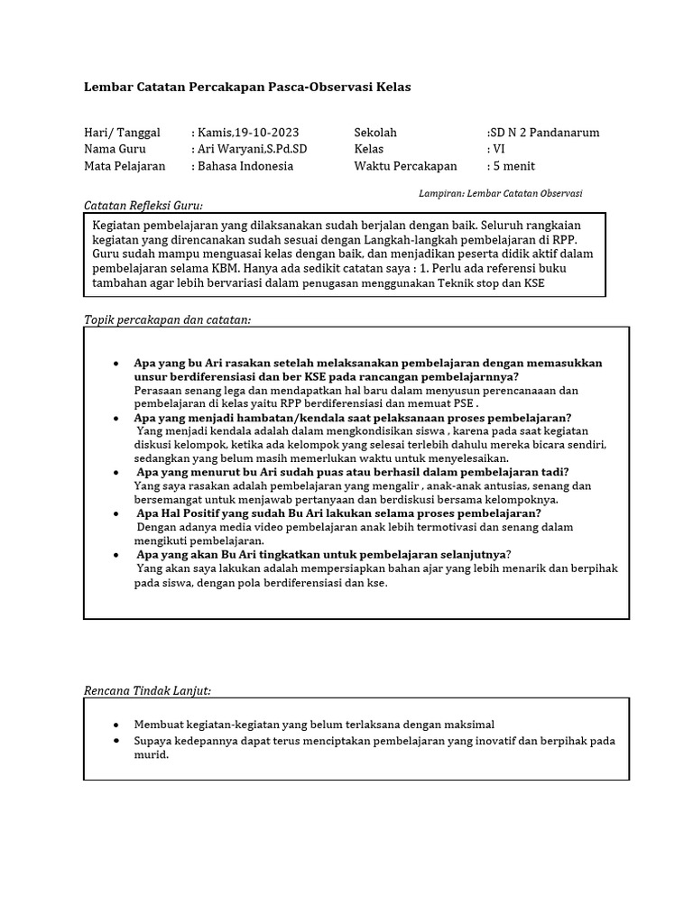 3 - Lembar Catatan Percakapan Pasca-Observasi Kelas | PDF