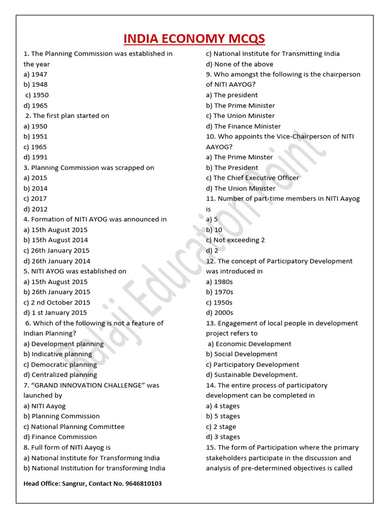 MCQ On Indian Economy | PDF