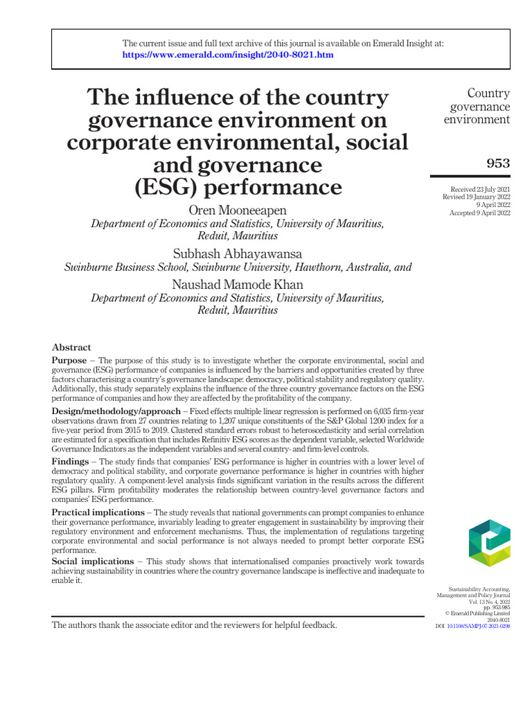 Governance Impact on ESG Performance | PDF