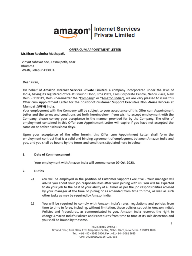 Kiran Mathapati - Amazon Internet Services Offer Letter | PDF