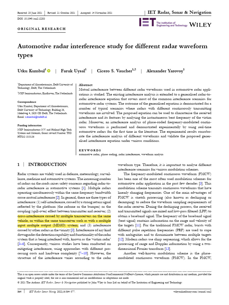 Automotive Radar Interference Study For Different | PDF