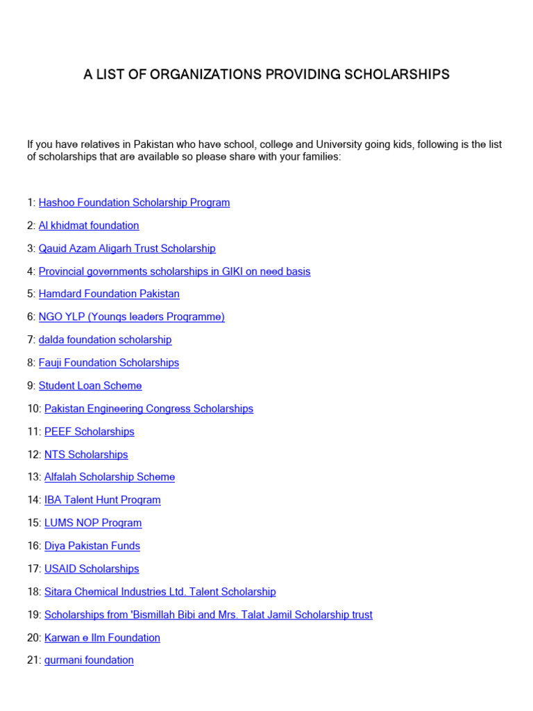 A List of Organizations Providing Scholarships | PDF