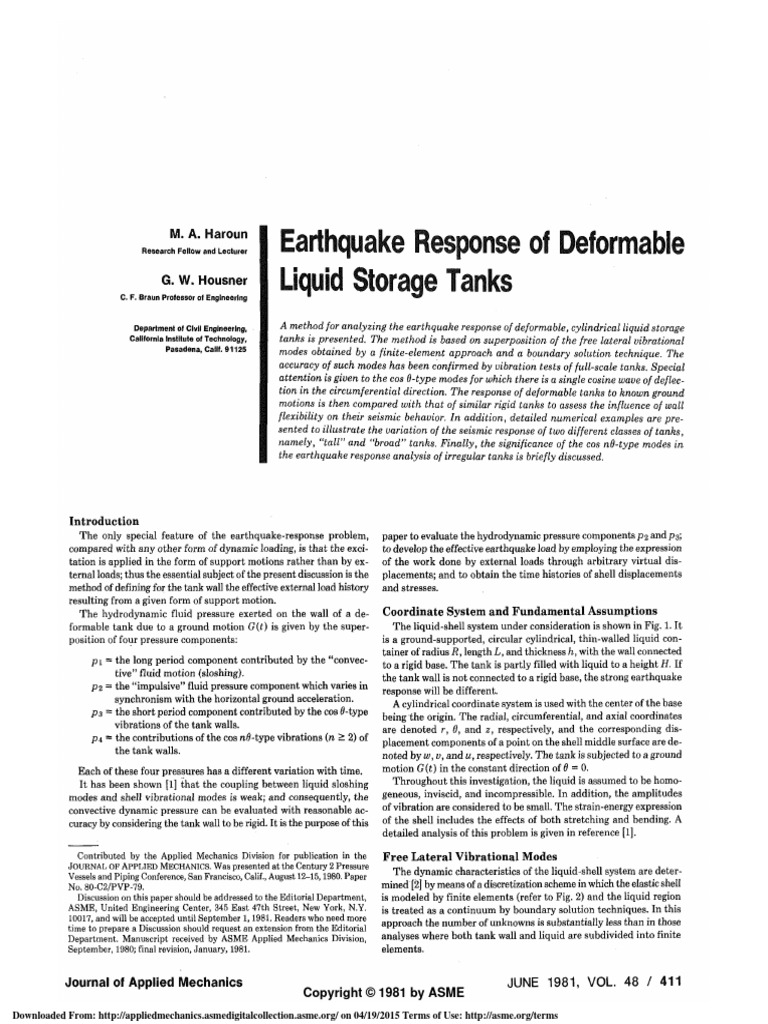 1981 Earthquake Response of Deformable Liquid Storage Tanks | PDF