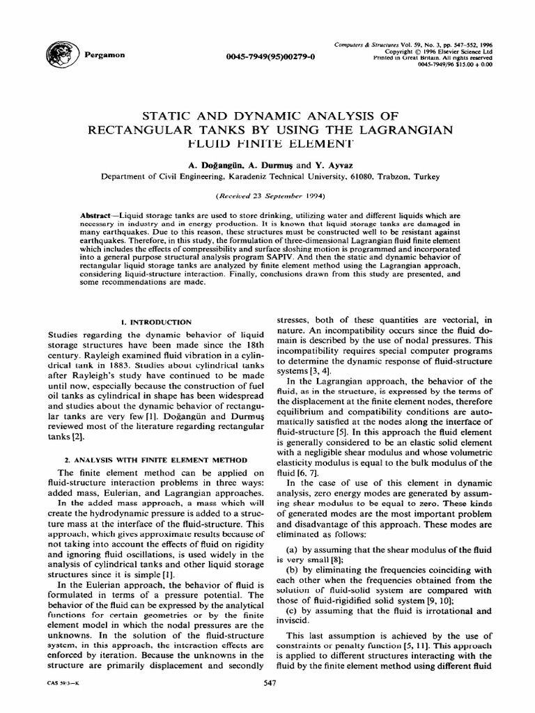 1996 Static and Dynamic Analysis of Rectangular Tanks by Using The Lagrangian Fluid Finite ...