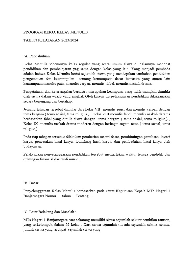 Program Kerja Kelas Menulis | PDF