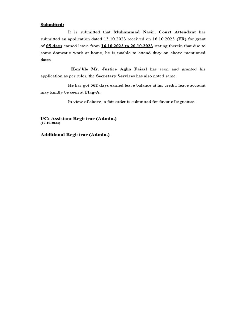 Leave Muhammad Nasir Khan, Hawaldar. | PDF