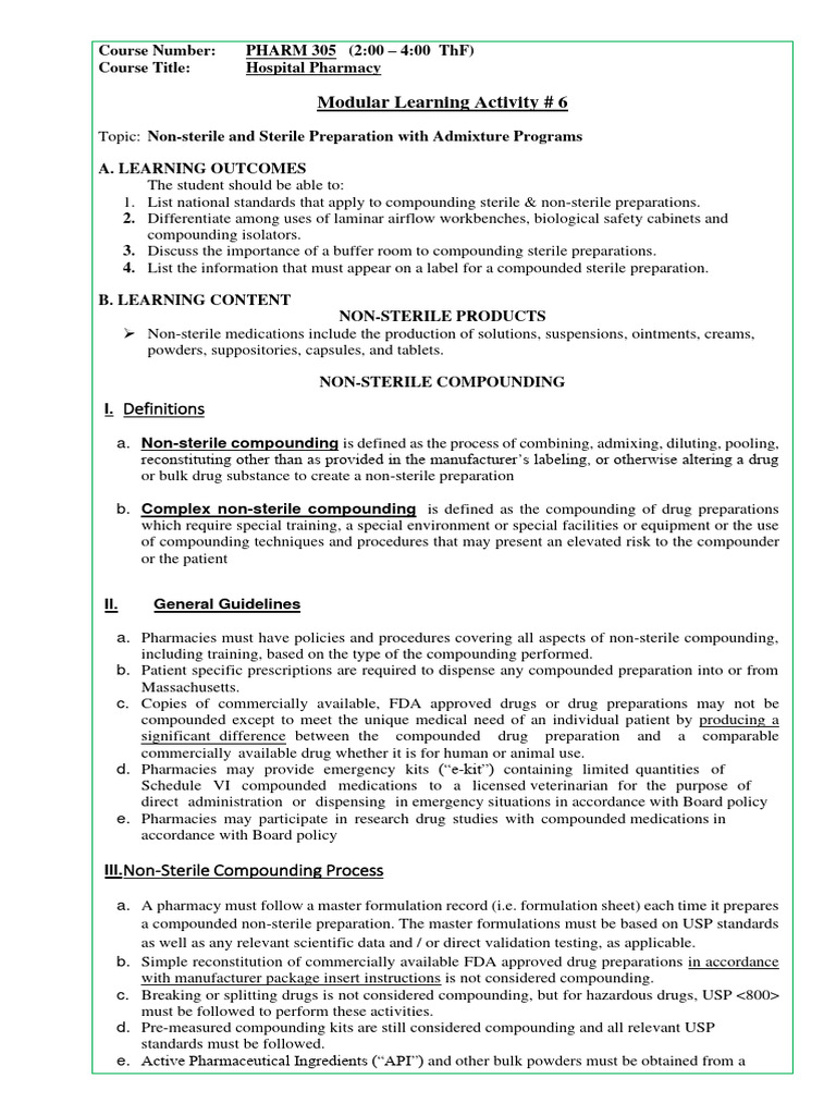 Non-Sterile and Sterile Preparation With Admixture Programs | PDF