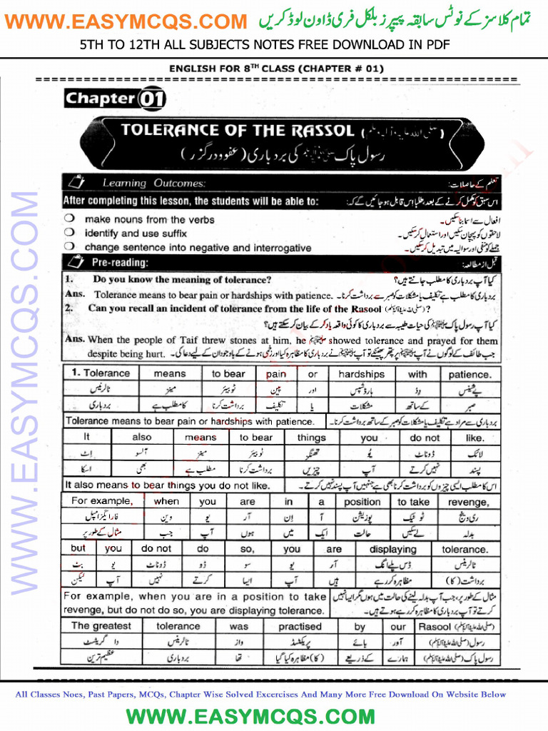 8th English Punjab Board Notes Chapter 01 | PDF