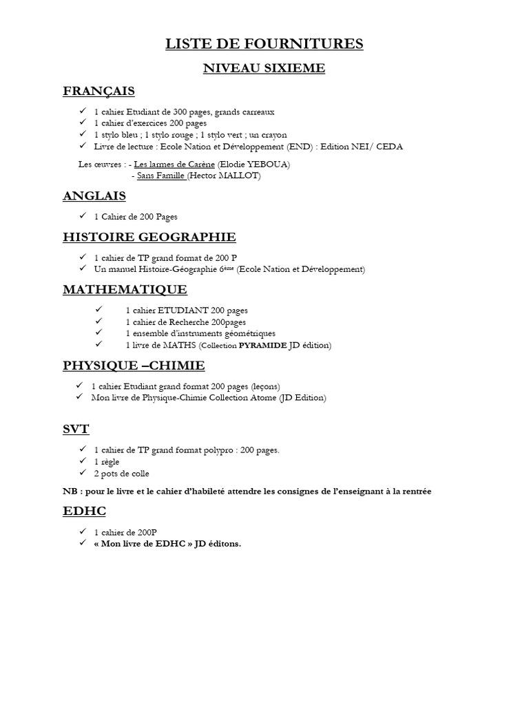 Liste de Fournitures 2023-2024 | PDF