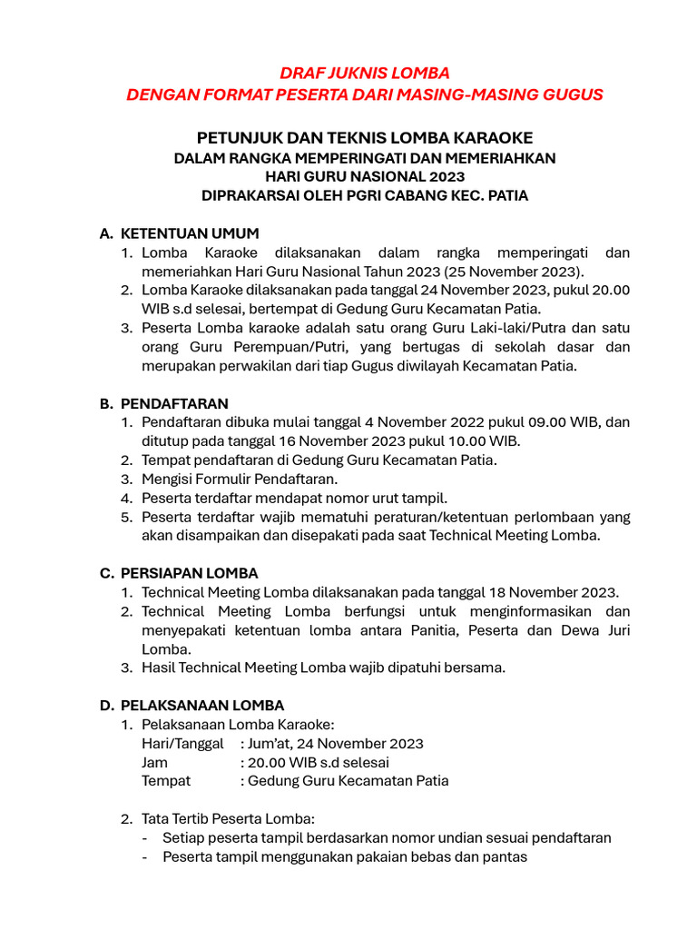 Contoh Juknis Lomba Karaoke Hari Guru 2023 | PDF