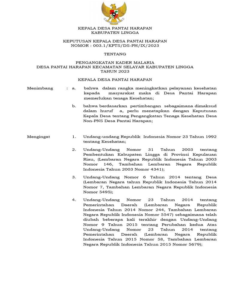SK Kader Malaria P.harapan | PDF SK Kader Malaria P.harapan | PDF