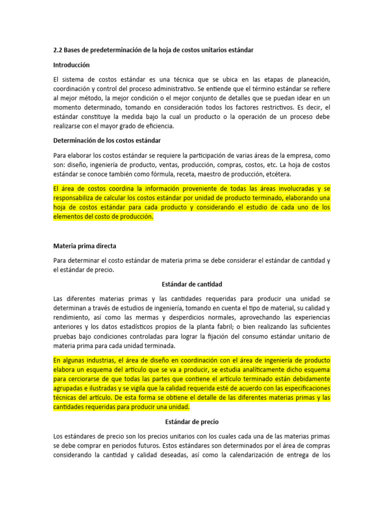 2.2 Bases de Predeterminación de La Hoja de Costos Unitarios Estándar | PDF