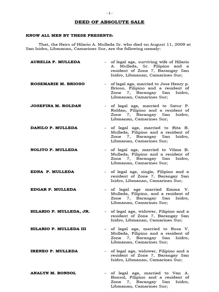 Deed of Absolute Sale-Mulleda | PDF | Civil Law (Common Law) | Common Law