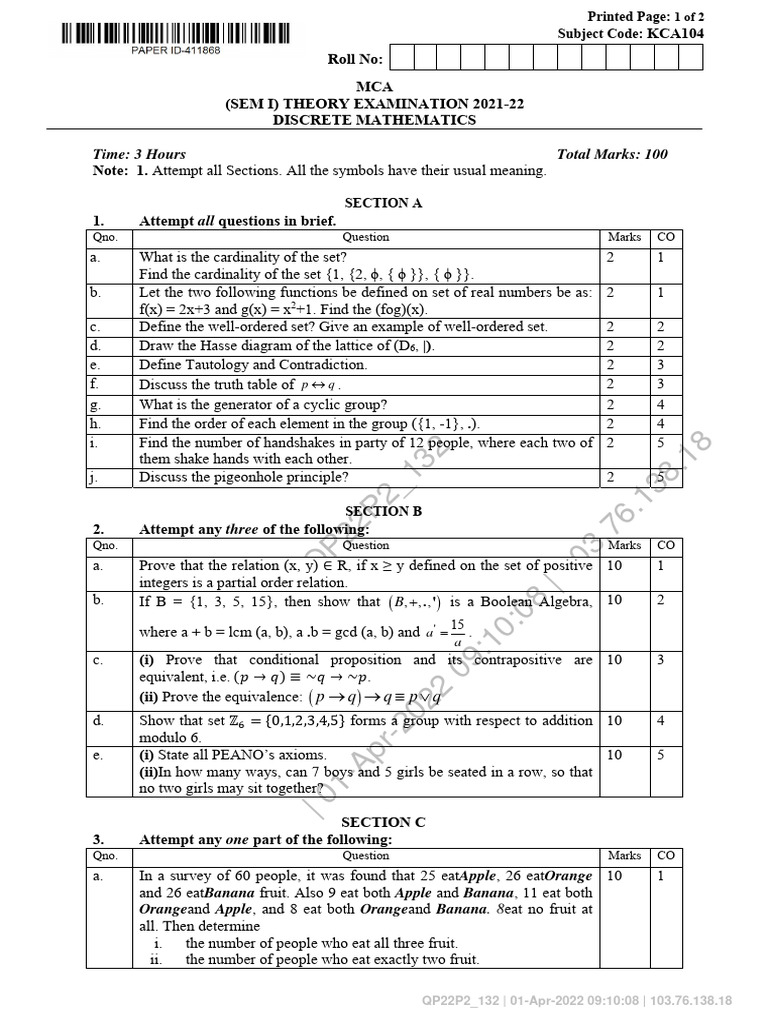 Mca 1 Sem Discrete Mathematics Kca104 2022 | Download Free PDF | Integer | Group (Mathematics)