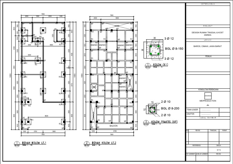 (DENAH KOLOM TL1&2) STRUKTUR RUMAH KOS CIMAHI (1) - Model | PDF