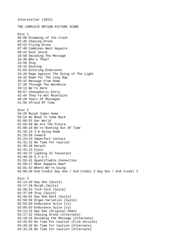 (List) Hans Zimmer - Interstellar Full Expanded Soundtrack | PDF