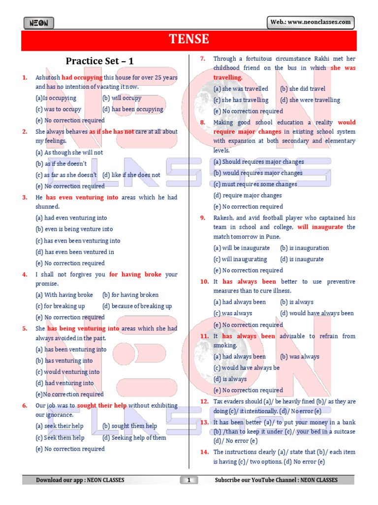 Tense Practice Set with Solutions | PDF | Verb | Syntax