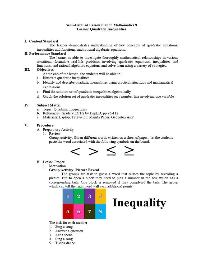 Quadratic Inequalities Lesson Plan | PDF