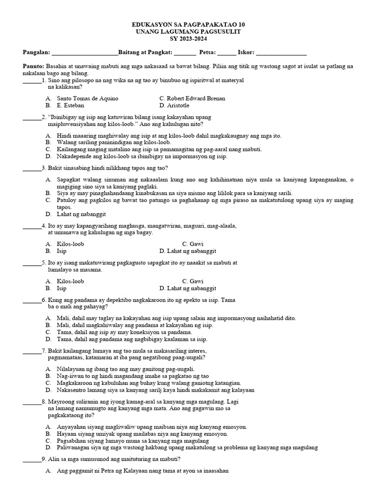 Esp 10 Q1 Periodical Tests | PDF