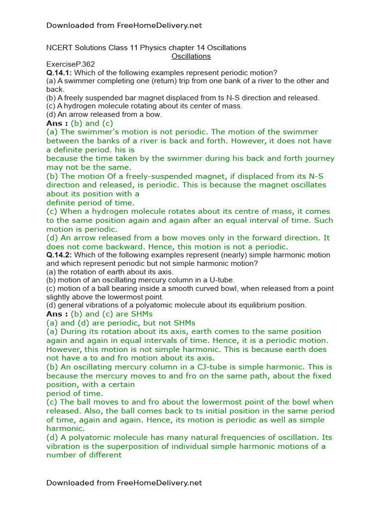 NCERT Solutions Class 11 Physics Chapter 14 Oscillations | PDF