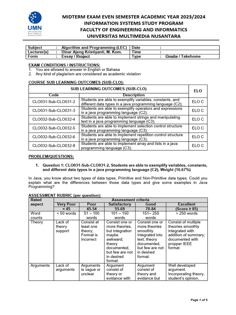 Takehome Midterm Is230 Algorithm And Programming Lec Odd2023 2024 Pdf