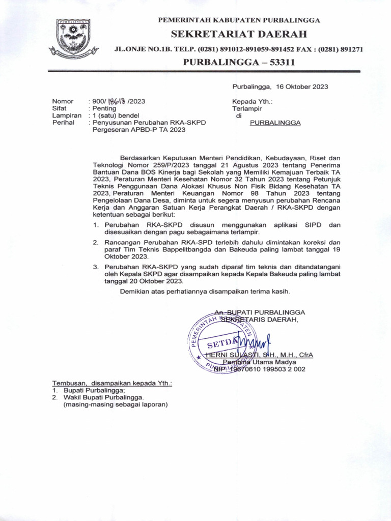 Surat Penyusunan RKA Pergeseran Setelah Perubahan APBD | PDF