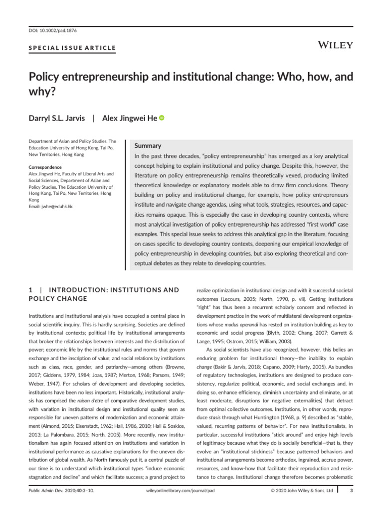 Policy Entrepreneurship and Institutional Change - Who, How, and Why | PDF | Entrepreneurship ...
