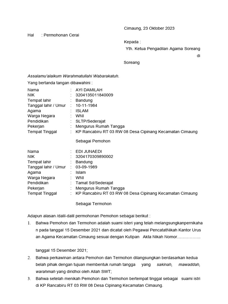 Surat Permohonan Cerai | PDF