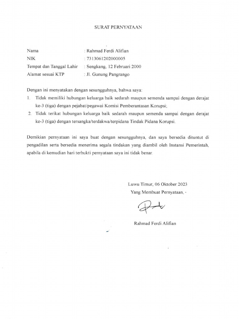 Surat Pernyataan Tidak Memiliki Hubungan Keluarga (Rahmad Ferdi Alifian ... Surat Pernyataan Tidak Memiliki Hubungan Keluarga (Rahmad Ferdi Alifian ...