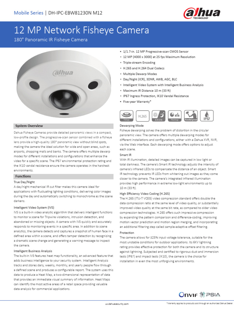 Datasheet 12MP Panoramic FisheyeCamera DH-IPC-EBW81230N v001 001 | PDF