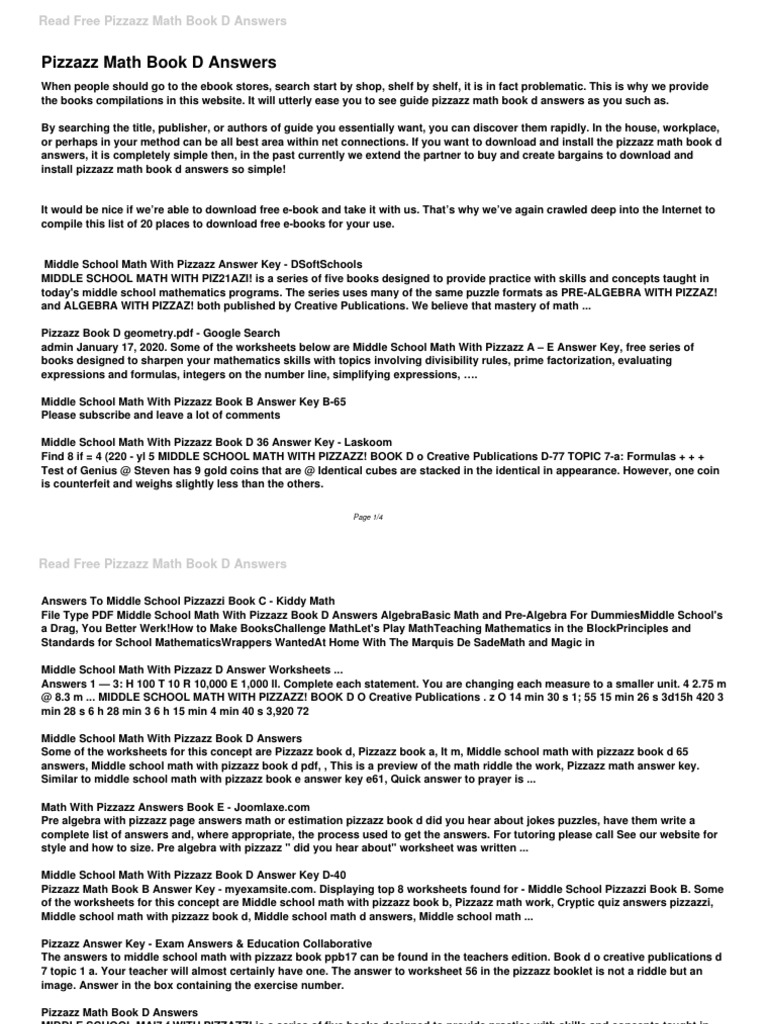 Read Free Pizzazz Math Book D Answers | PDF