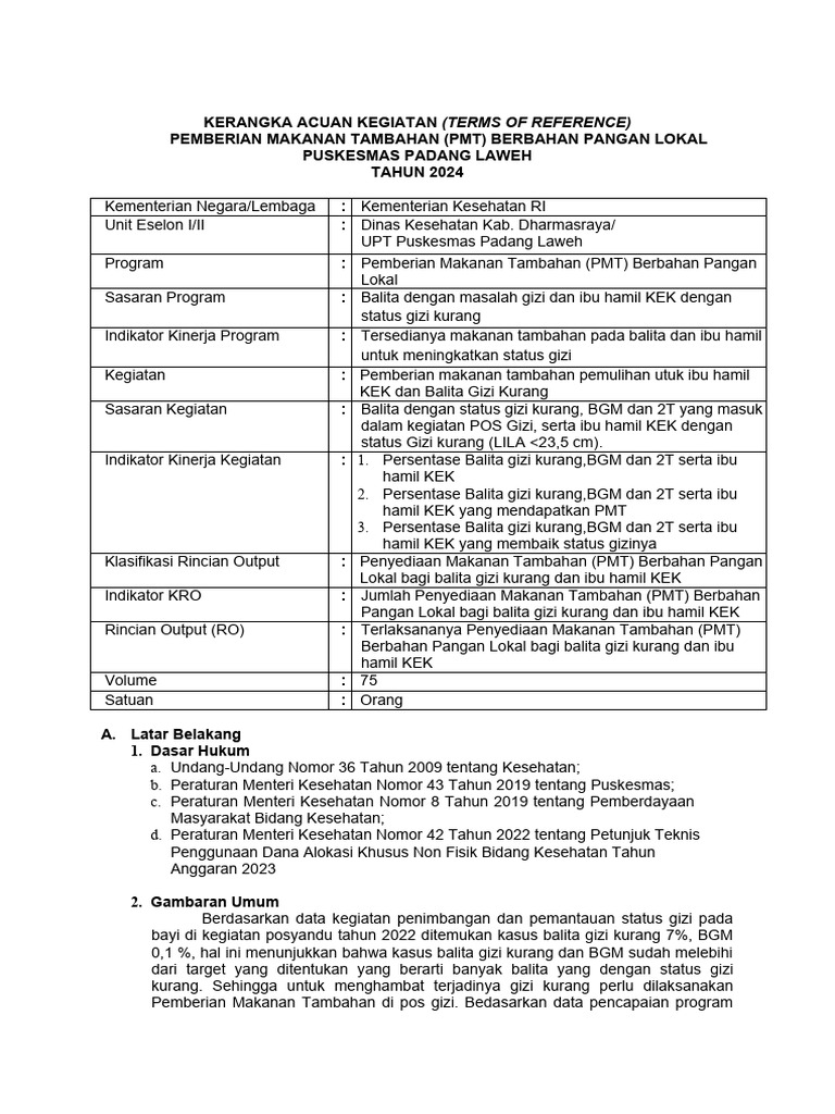 TOR Pemberian Makanan Tambahan (PMT) | PDF