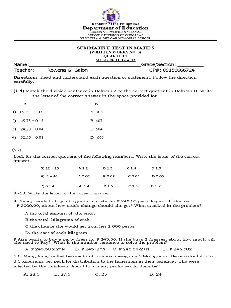 Q2 Math 5 Summative Test#3 | PDF