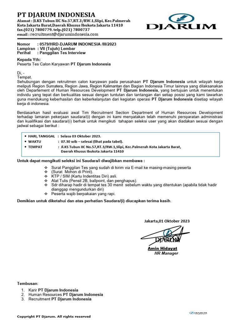 FIle Undangan Interview PT Djarum Indonesia 2023 | PDF