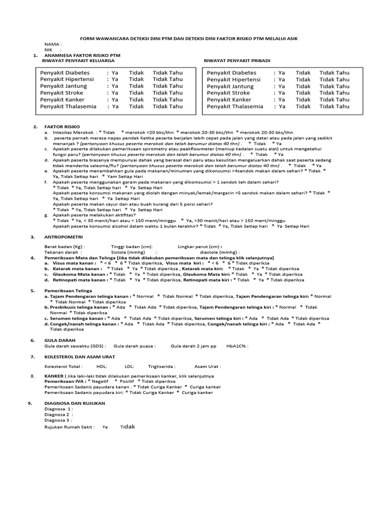 Form Wawancara Deteksi Dini PTM Dan Deteksi Dini Faktor Risiko PTM Melalui Asik | PDF