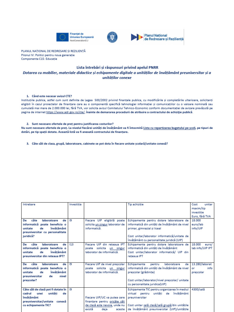 Lista de Intrebari Si Raspunsuri PNRR | PDF