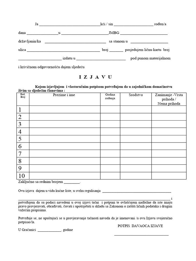 Izjava Kucna Lista 1 | PDF