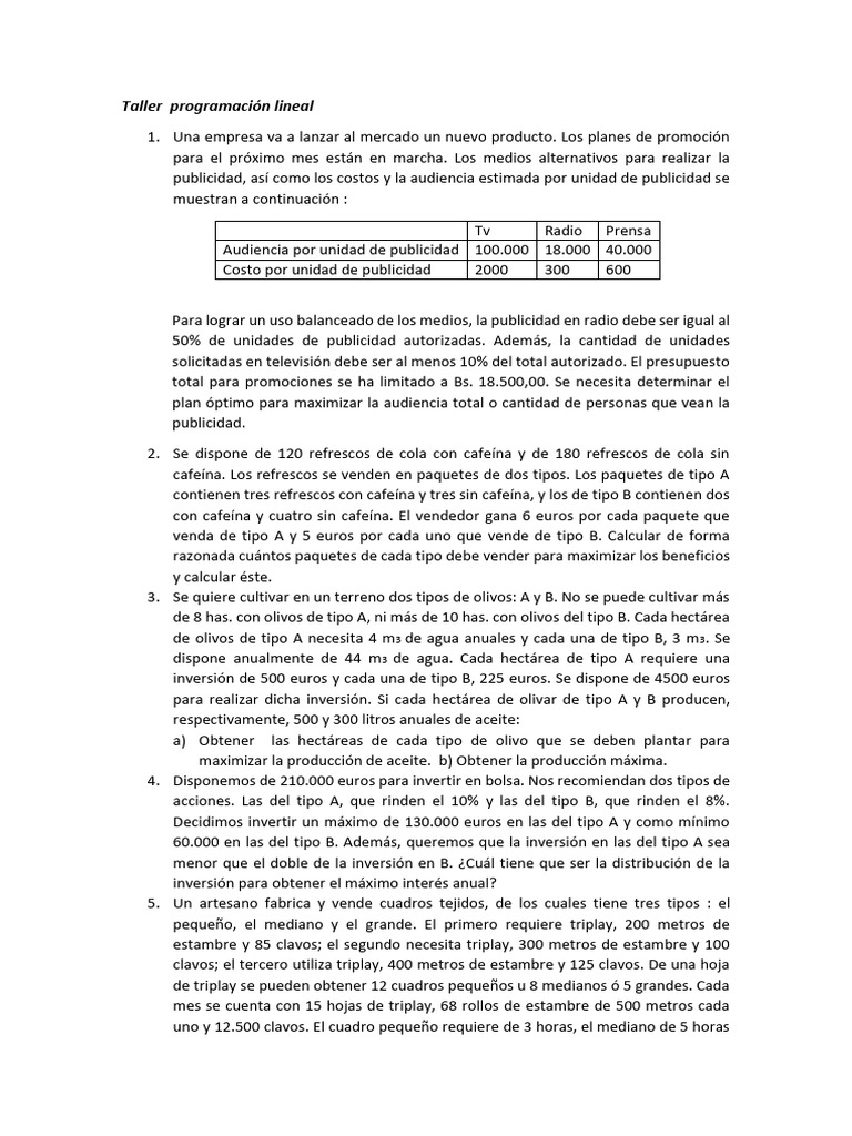 Taller Programación Lineal Final | PDF