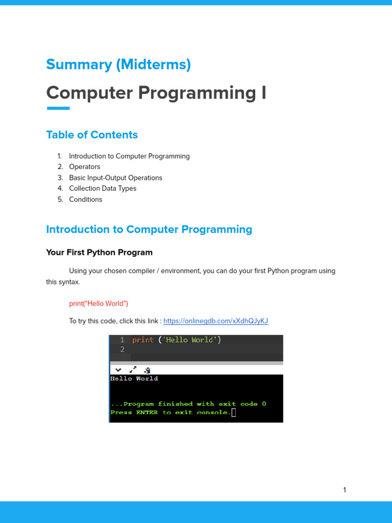 Summary (Midterms) Computer Programming I | PDF