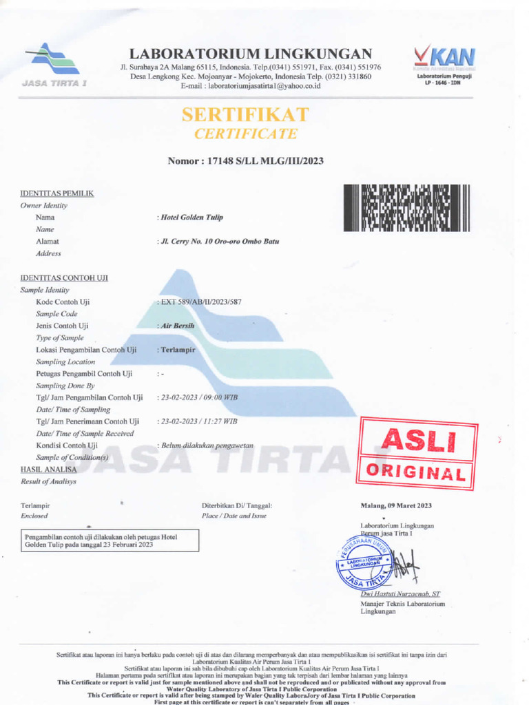 Sertifikat Hasil Uji Air Bersih Maret | PDF